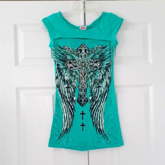 Tops | Mint Green Bling Cross Angel Wing Peek A Boo Top | Poshmark